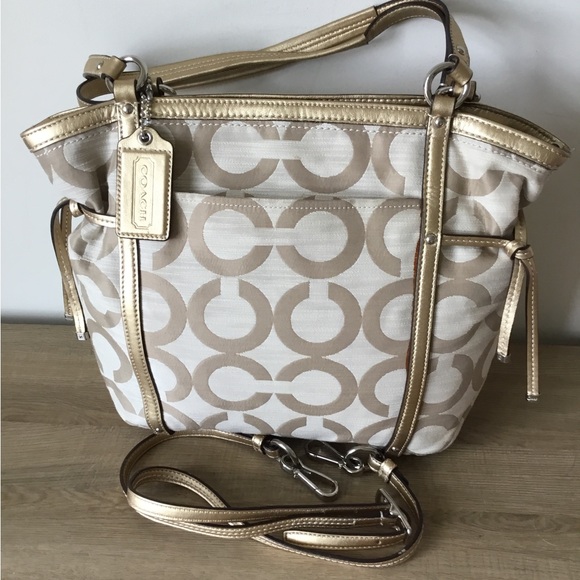 Coach | Bags | Coach Audrey Op Art Shantung Cinched Tote Gold Leather ...